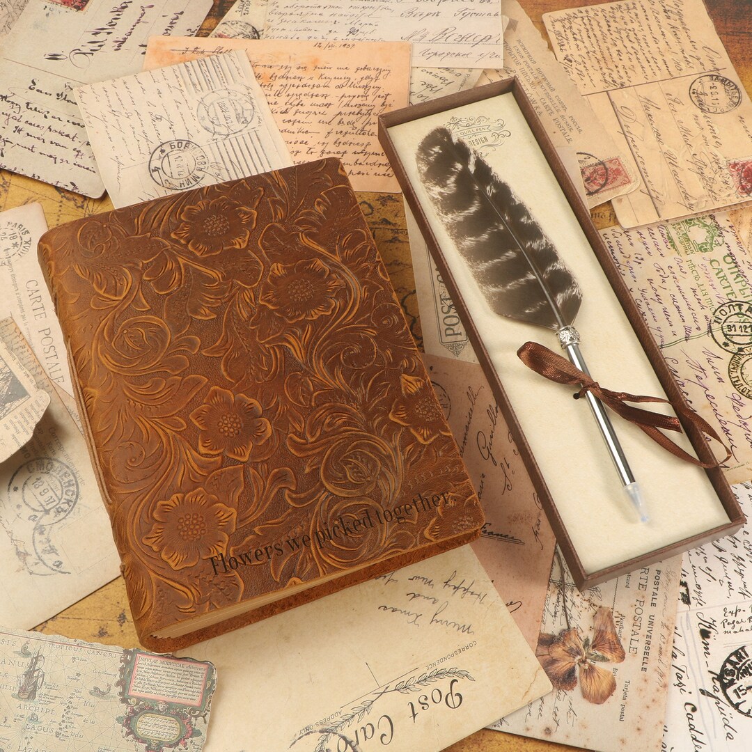 Personalized Leather Journal With Feather Pen: Embossed Floral ...