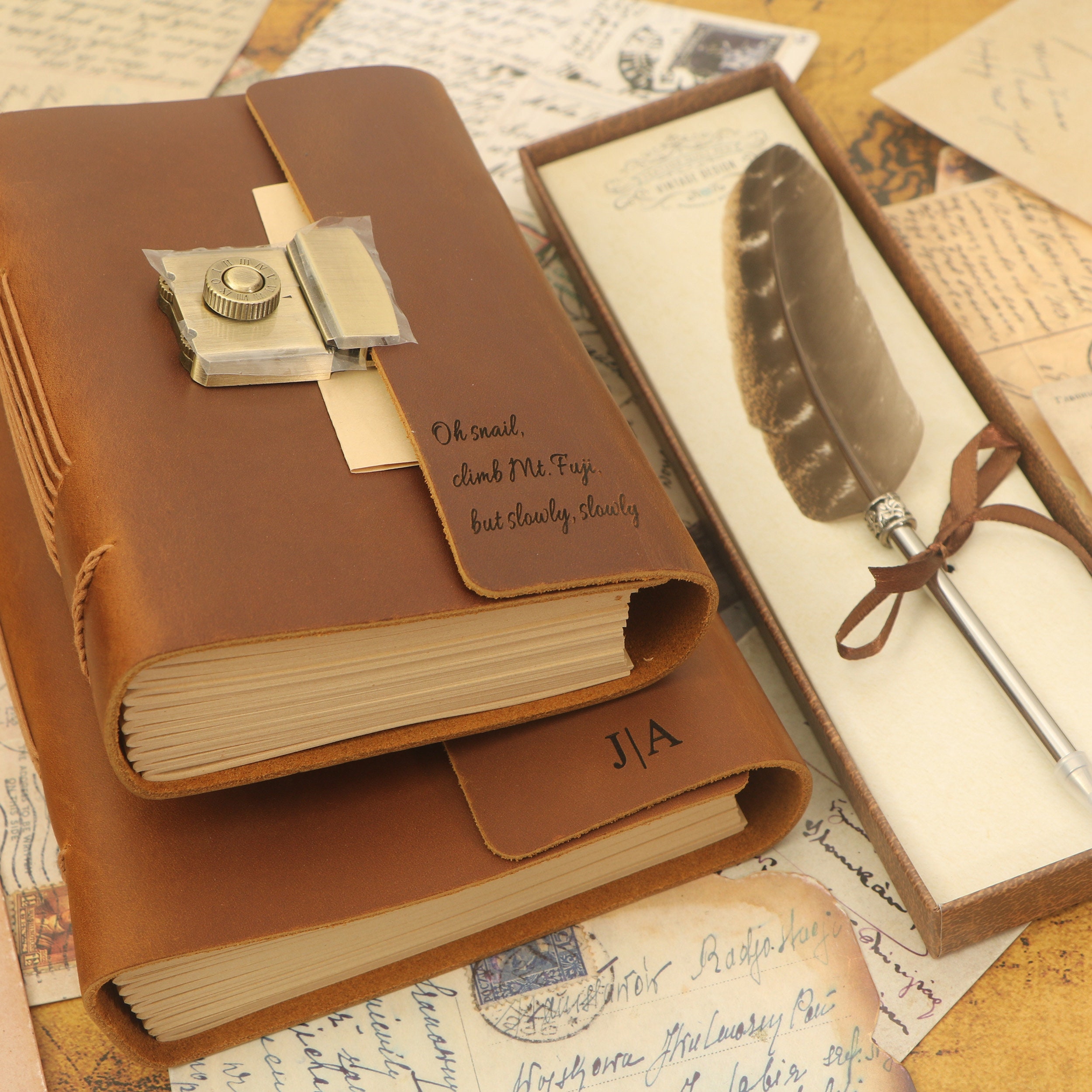 Personalized Leather Lock Journal: Full Grain Blank Notebook & Quill ...