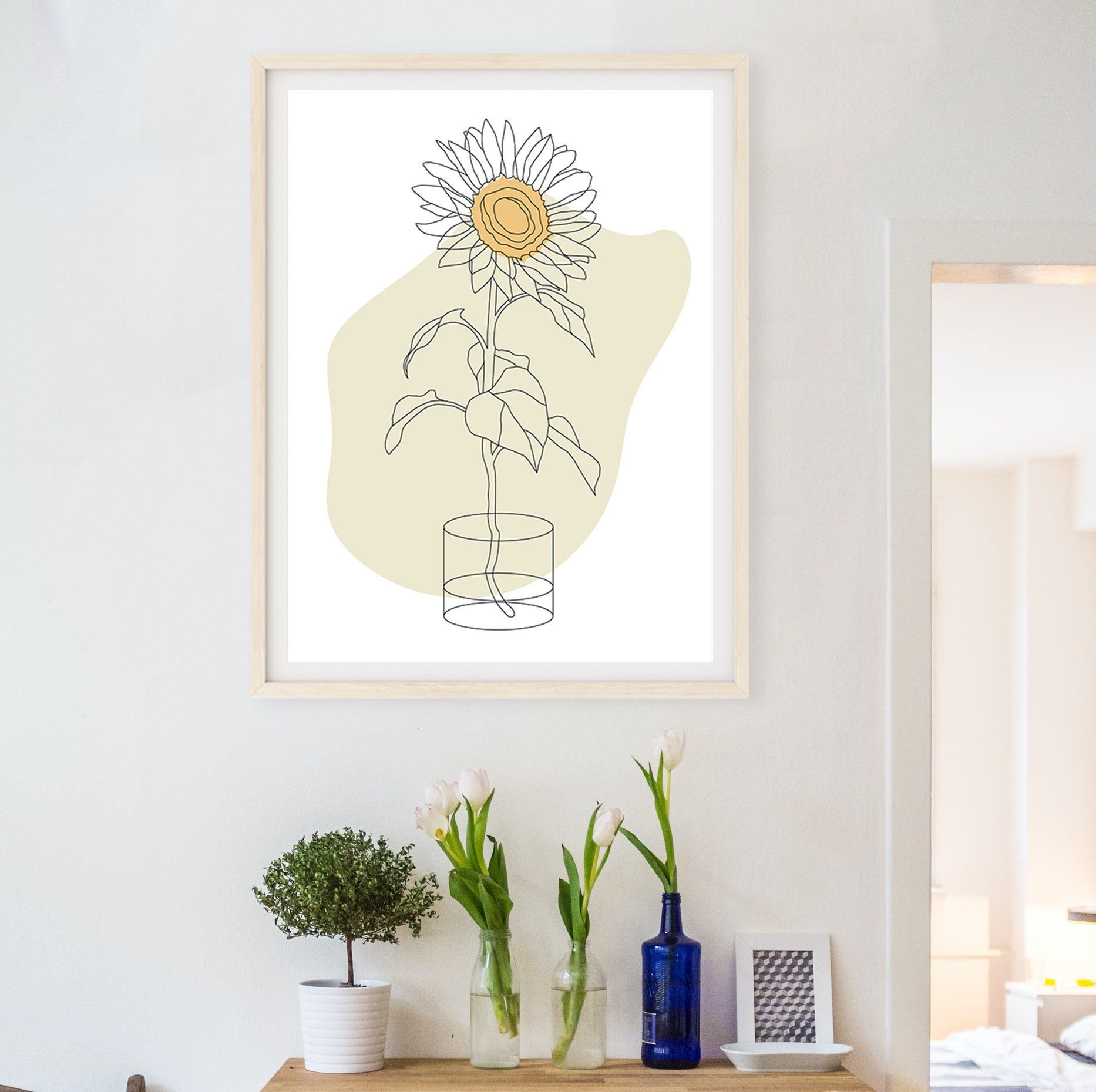 Girasol moderno impresión minimalista, cartel botánico, arte minimalista de la pared, impresión ...