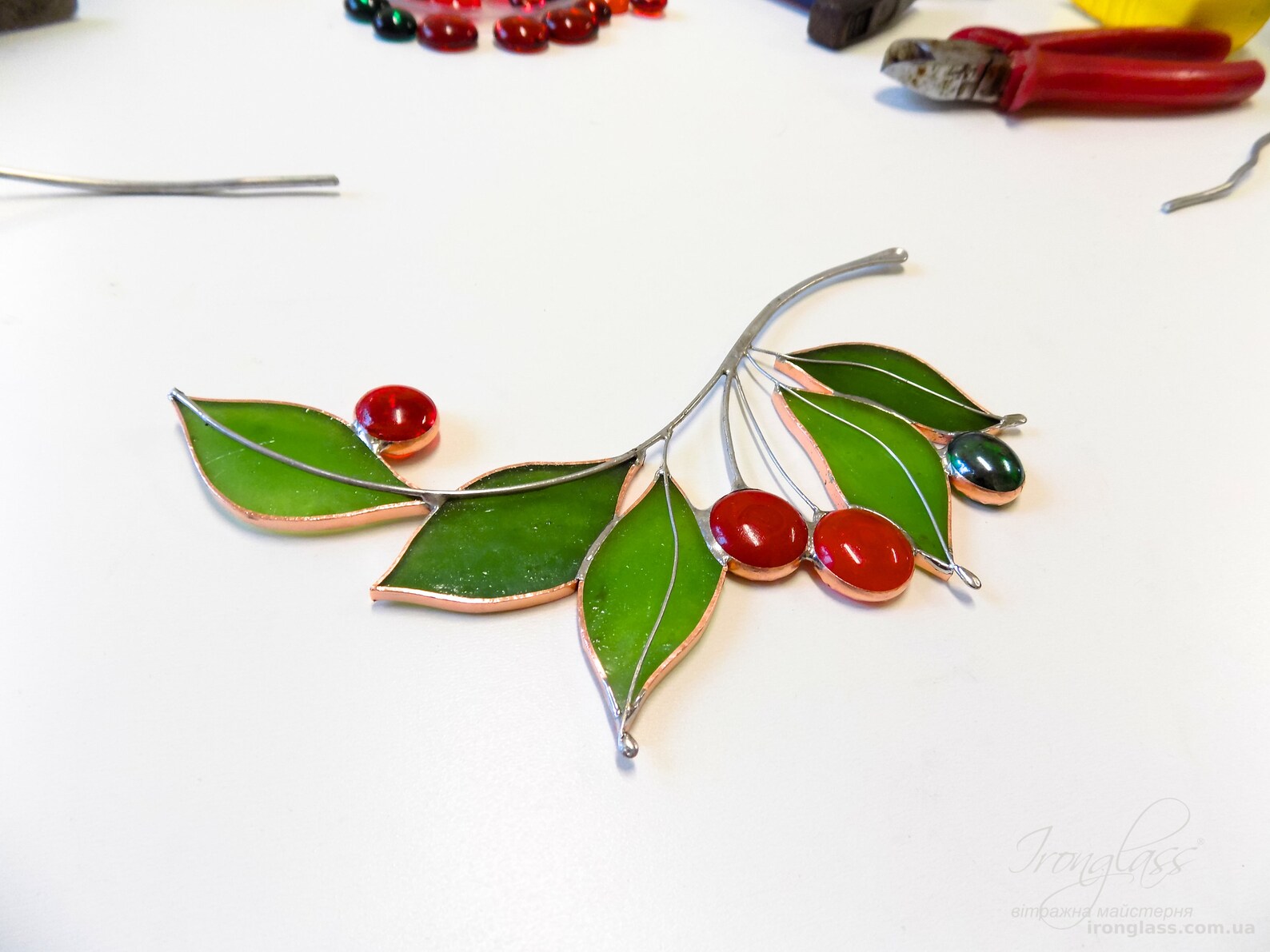 Stained Glass Berries Suncatcher Red Cherry Branch Window Hangings ...