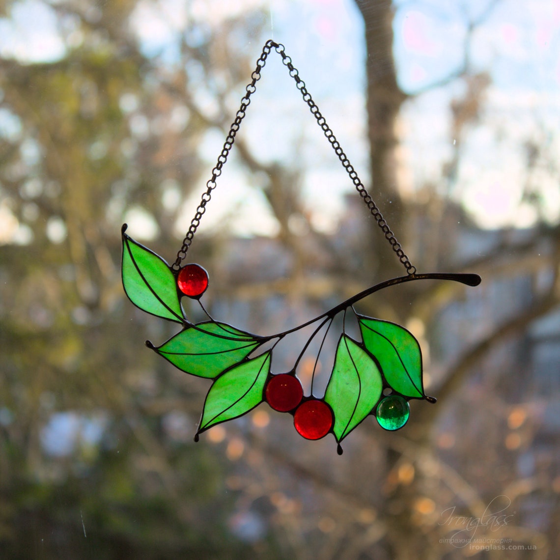 Stained Glass Berries Suncatcher Red Cherry Branch Window Hangings ...
