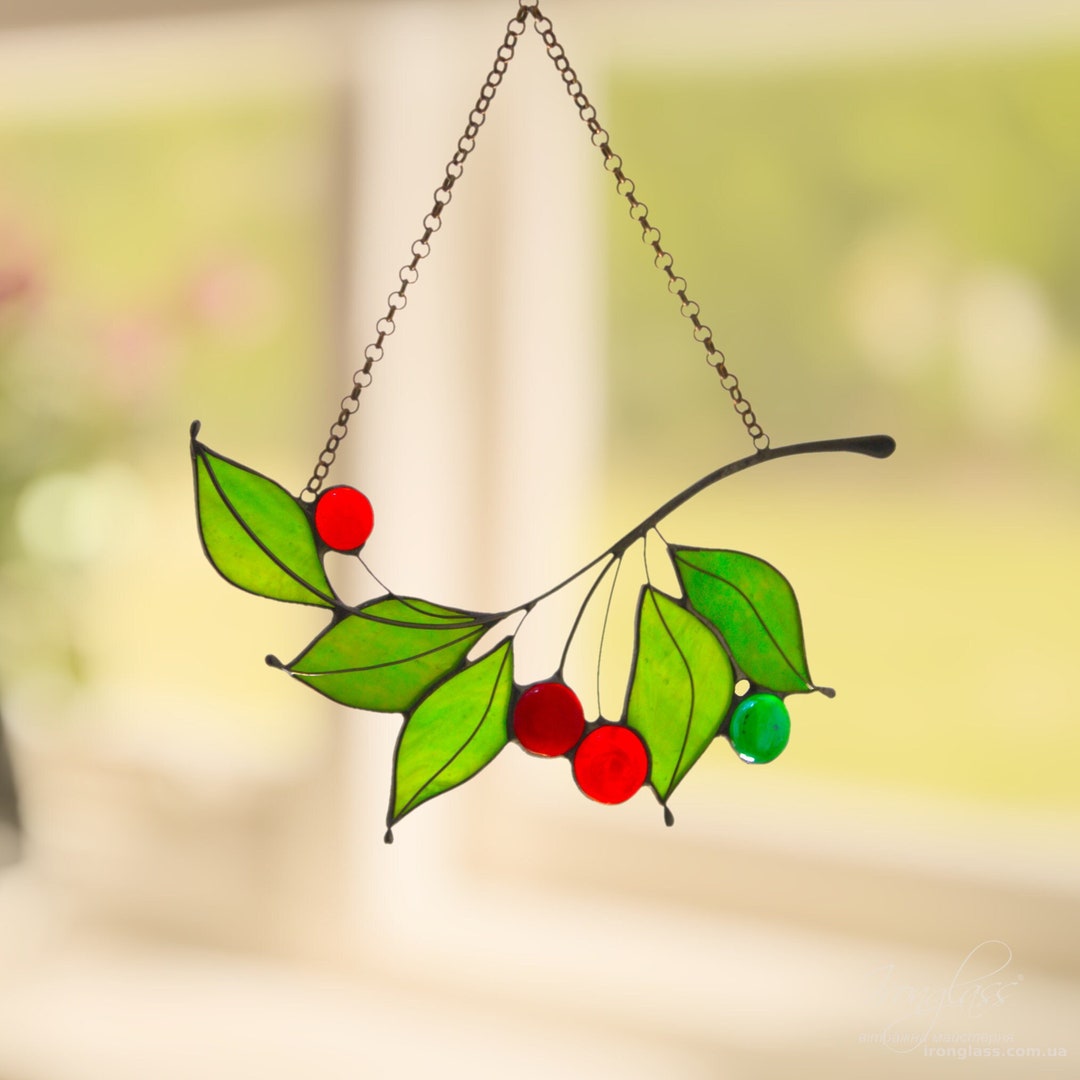 Stained Glass Berries Suncatcher Red Cherry Branch Window Hangings ...