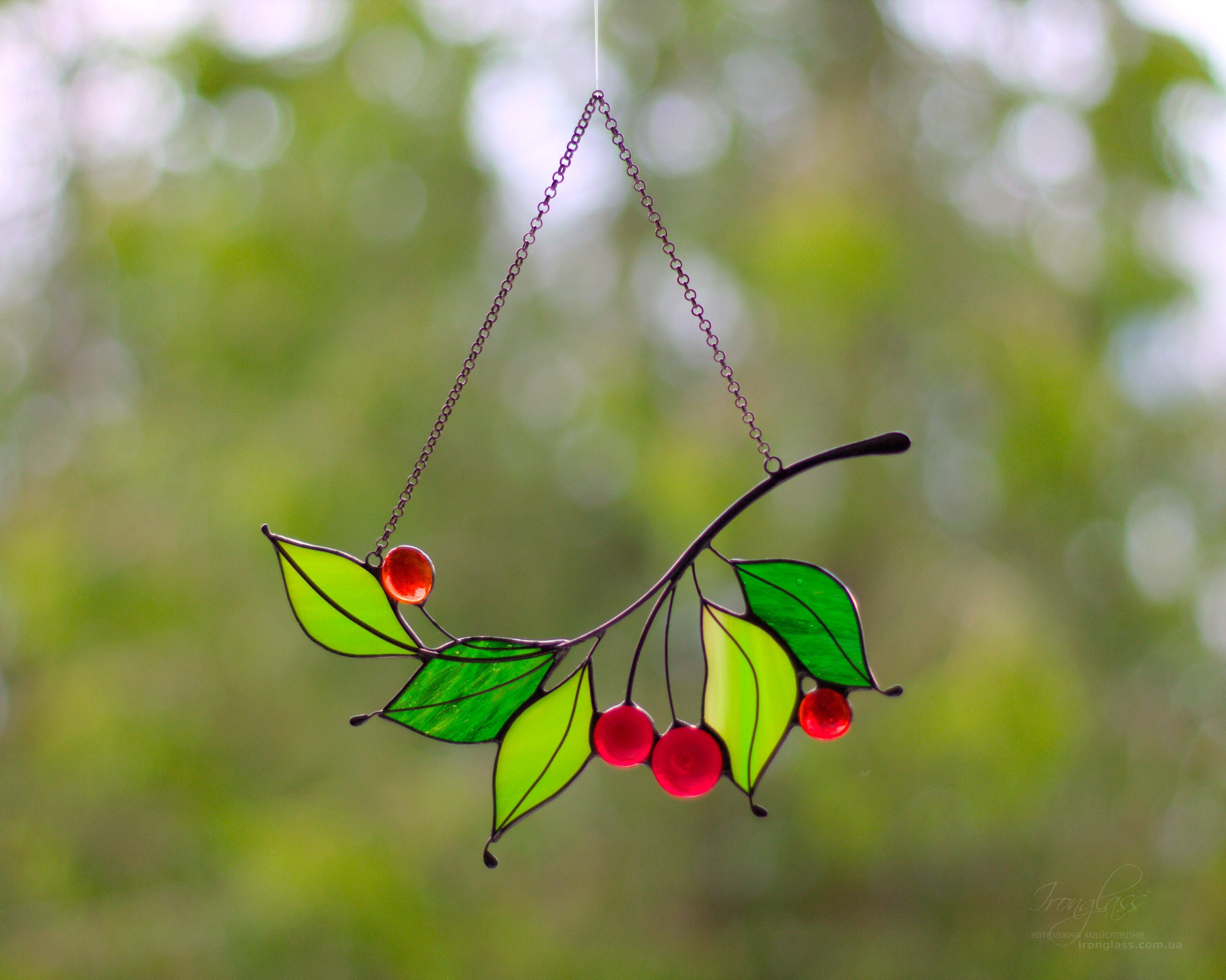 Stained Glass Berries Suncatcher Red Cherry Branch Window Hangings ...