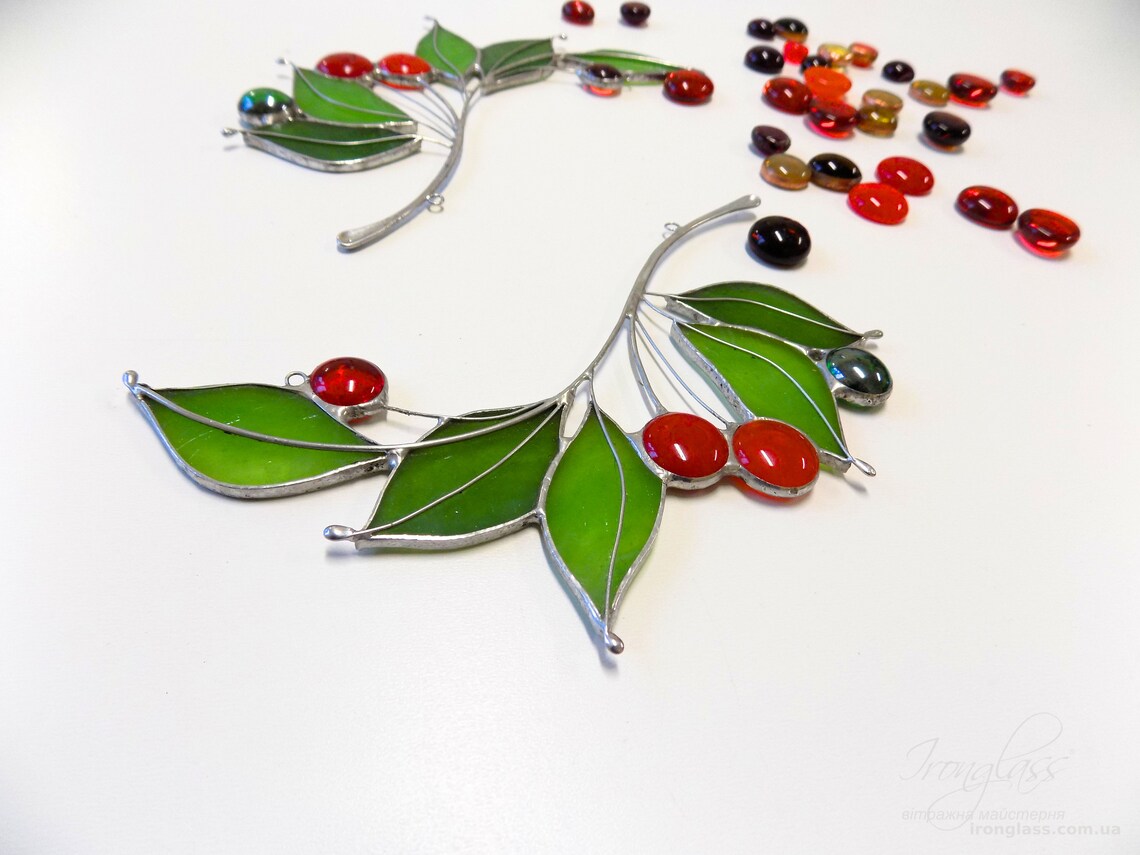 Stained Glass Berries Suncatcher Red Cherry Branch Window Hangings ...