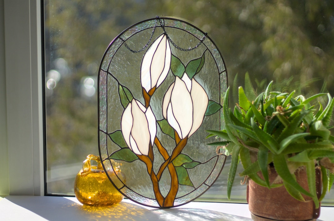 Stained Glass Magnolia Flower Window Panel Stained Glass Window Hanging ...
