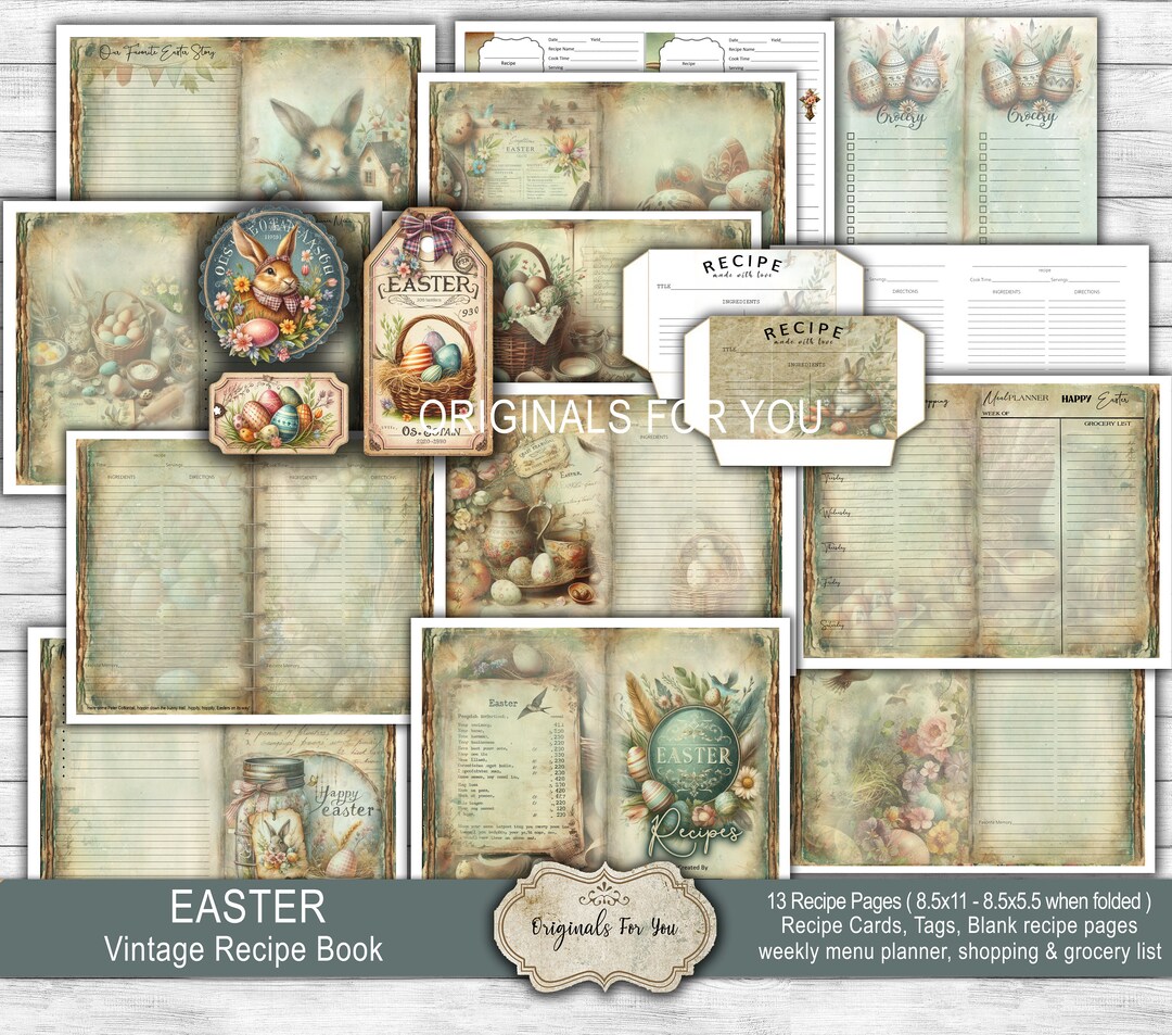 EASTER Vintage Recipe Book Template Junk Journal Papers, Shabby ...