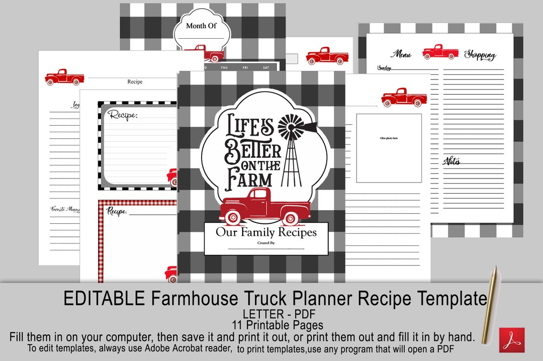 EDITABLE Farmhouse Red Truck Recipe Template Journal Instant PDF ...