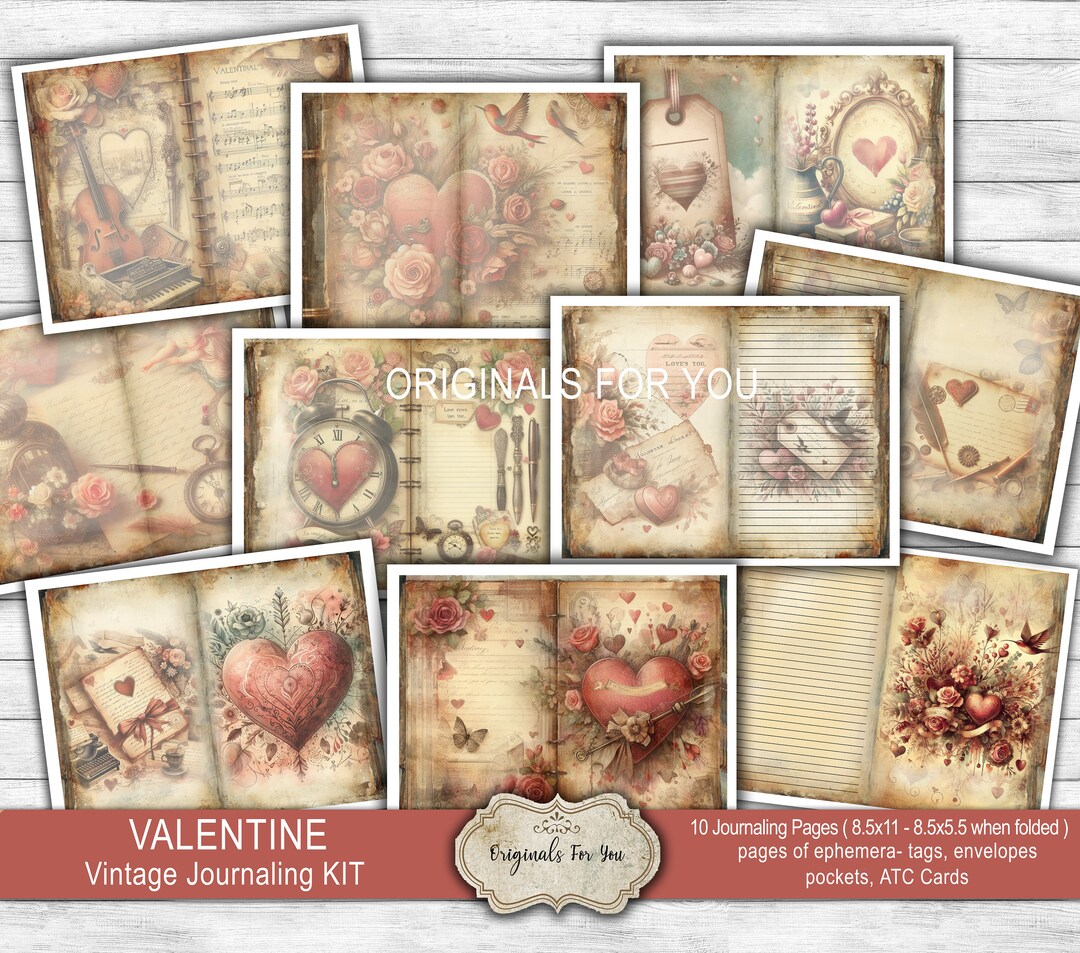 Vintage Watercolor VALENTINE Junk Journal Kit, Shabby, Love Junk ...
