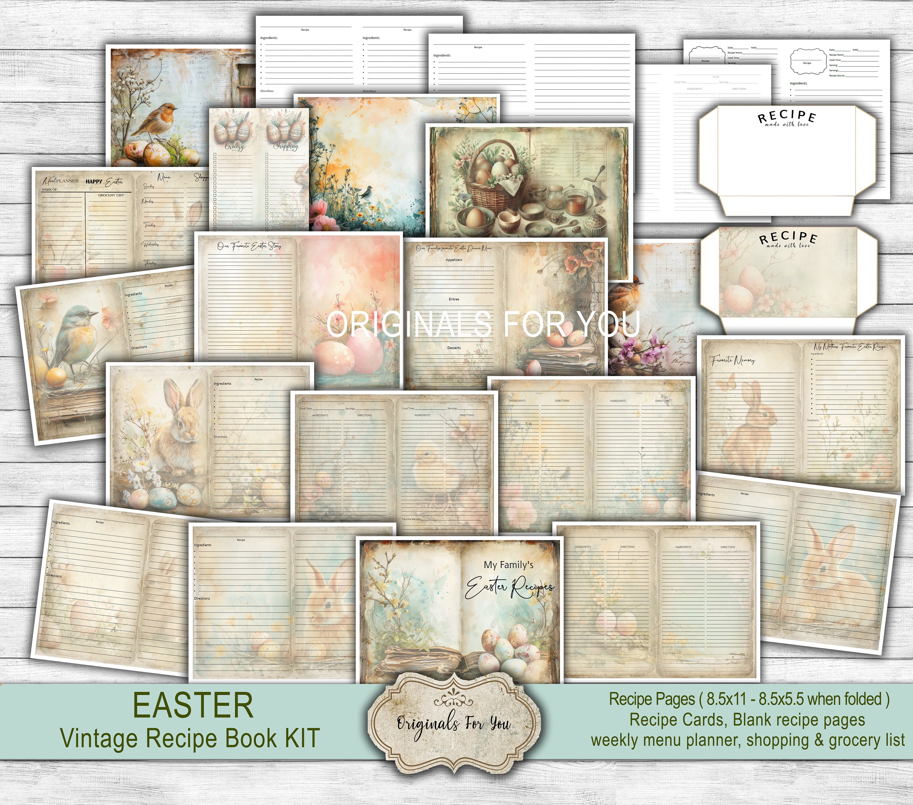 EASTER Vintage Recipe Book Template KIT, Junk Journal Papers, Shabby ...