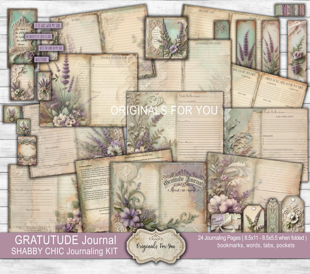 Christian GRATITUDE Journal Kit, SHABBY CHIC Sage and Lavender, Collage ...