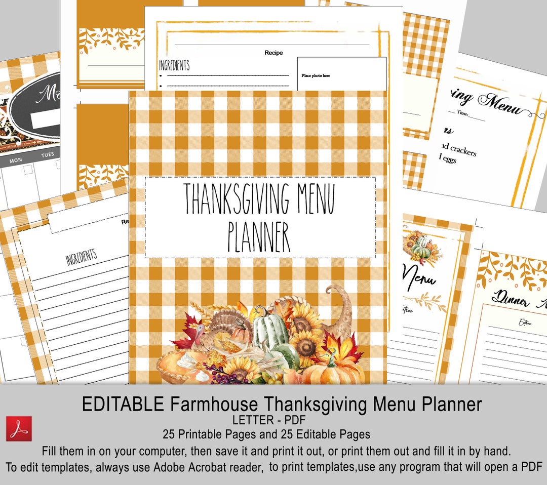 EDITABLE Farmhouse Thanksgiving Menu Planner, Planner, Gifts ...
