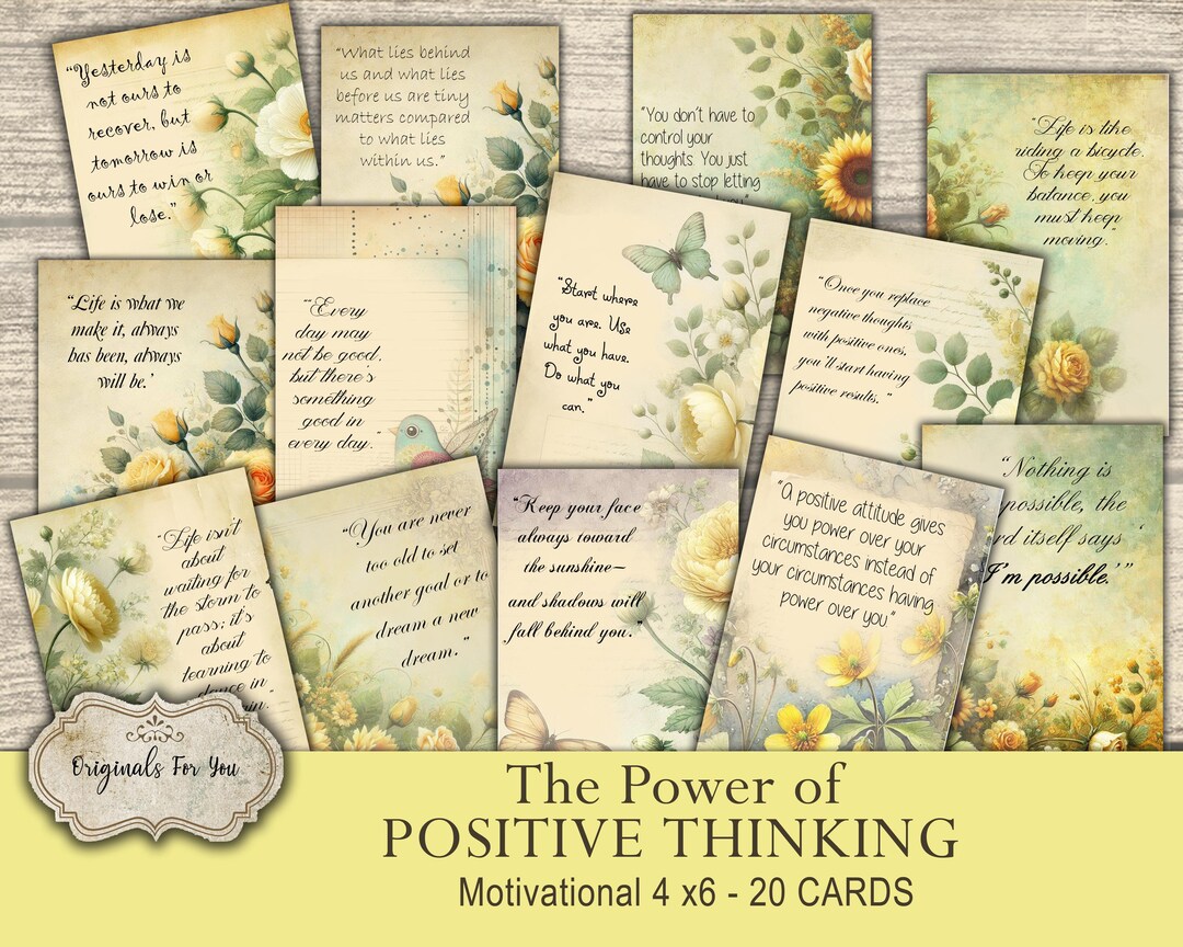 Yellow FLORAL Printable Cards on "positive Thinking", Collage Sheet ...