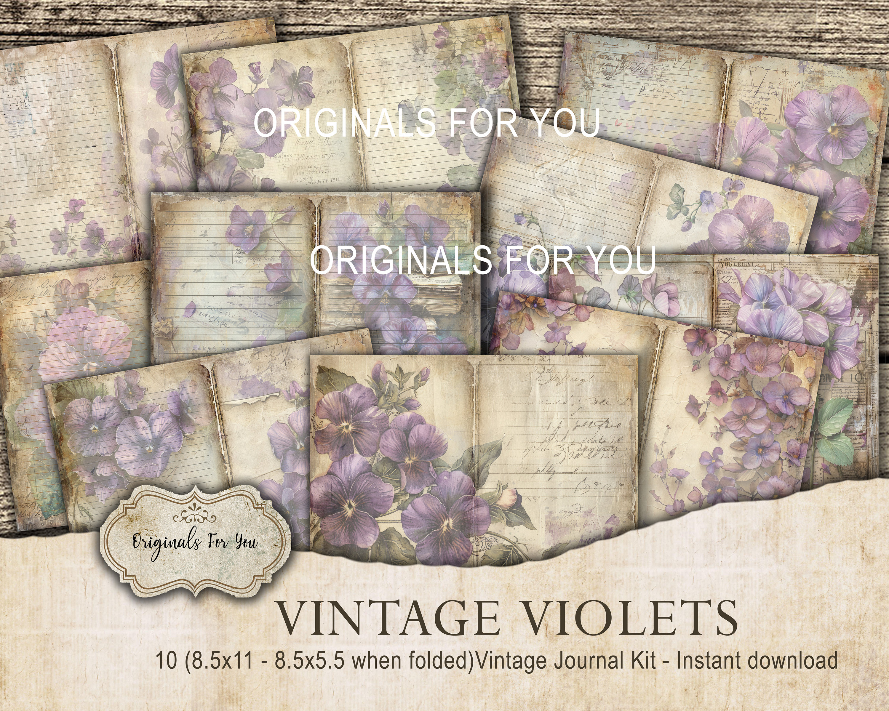 VINTAGE VIOLETS Shabby Junk Journal Kit Digital Download, Vintage ...
