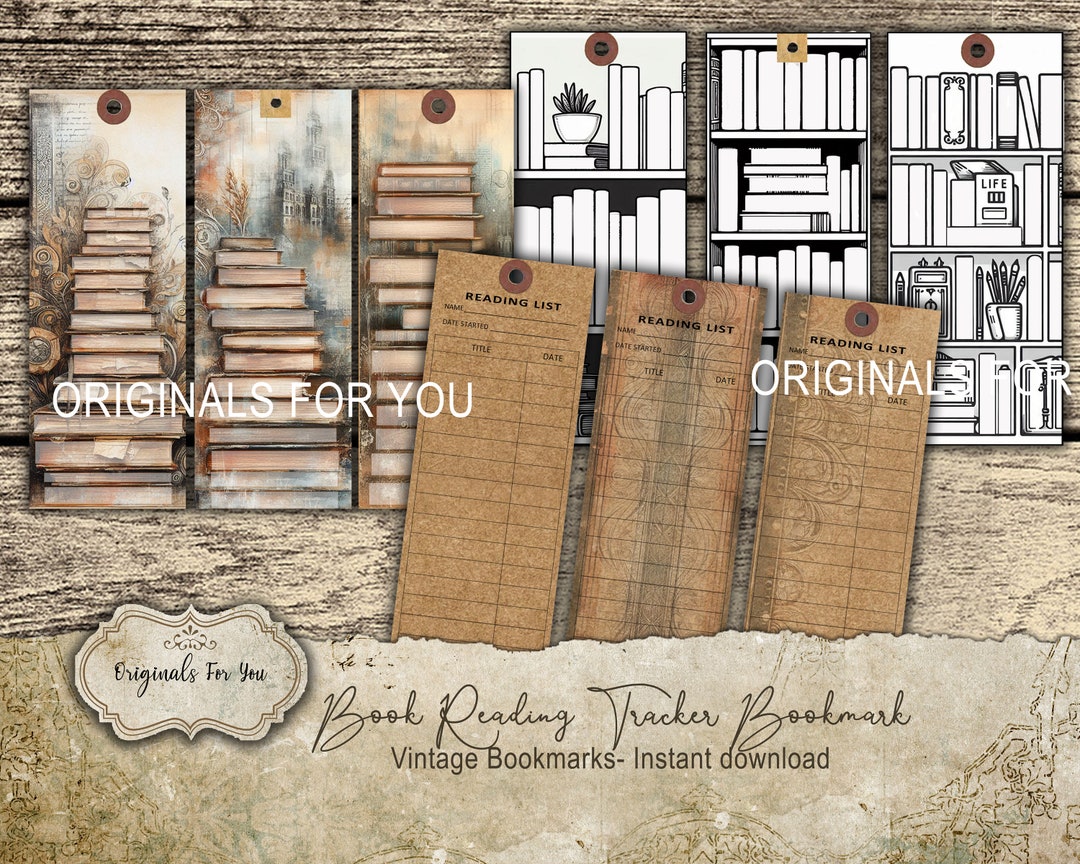 Book Reading Tracker BOOKMARK, Printable Bookshelf Bookmarks, Vintage ...
