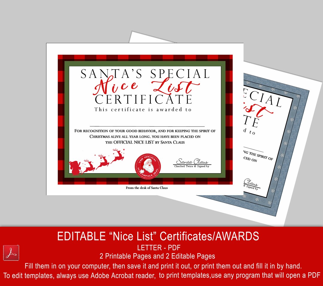 EDITABLE "nice List" AWARDS, CERTIFICATES, Christmas, Printable ...