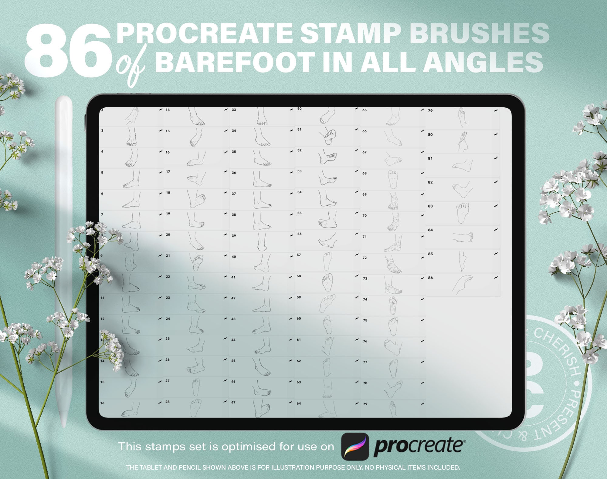 86 Procreate Stamp Brushes of Bare Foot in All Angles. Feet Line Guide ...