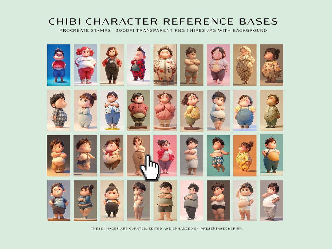 36 Chibi Character Reference Bases | Procreate 3D Style Stamps | 300dpi ...