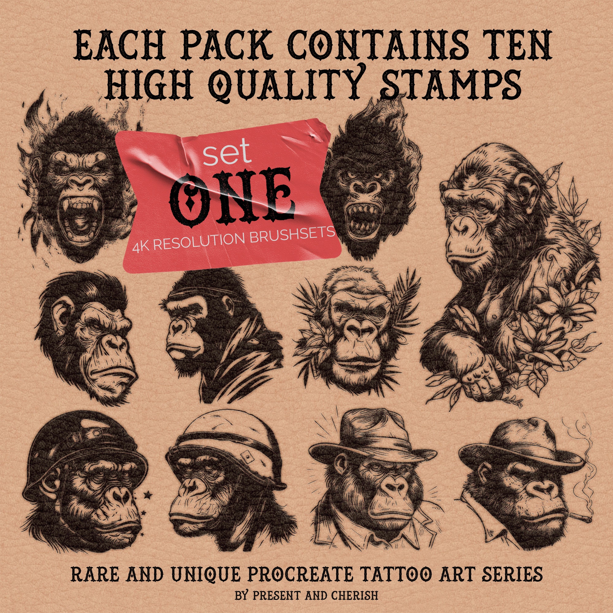 Procreate Ape Tattoo Stamp Packs - Set 1 | 20 Gorilla, Chimpanze ...