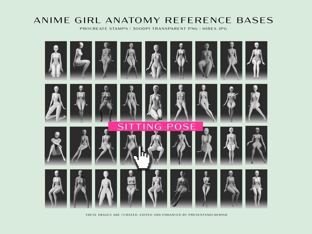 36 Anime Girl Sitting Anatomy Reference Bases | Procreate 3D Style ...