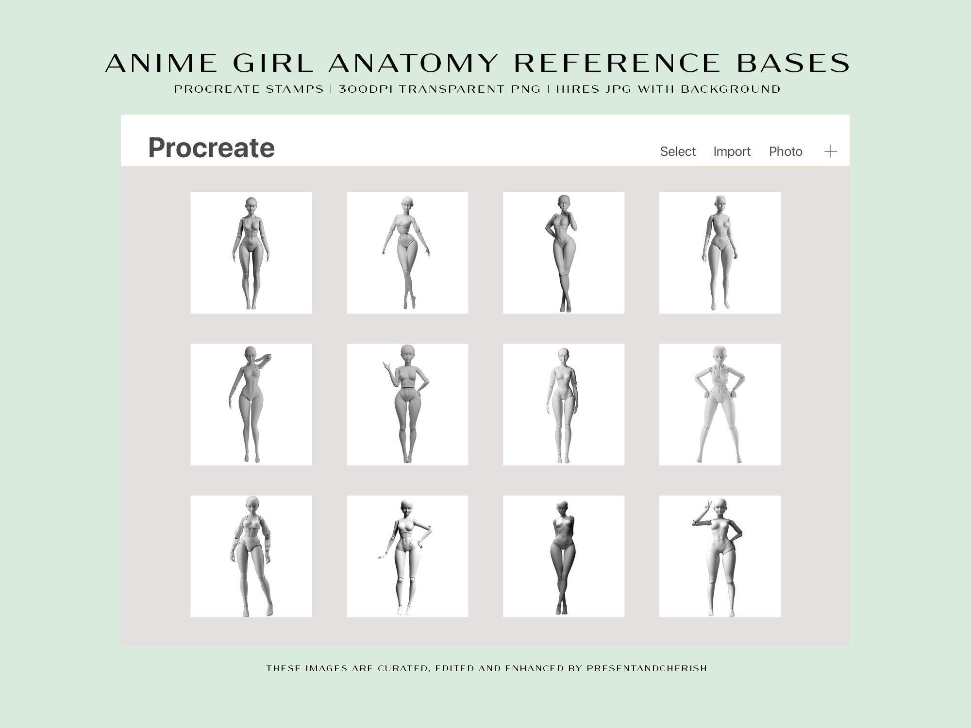 36 Anime Girl Anatomy Reference Bases Procreate 3D Style Stamps 300dpi ...