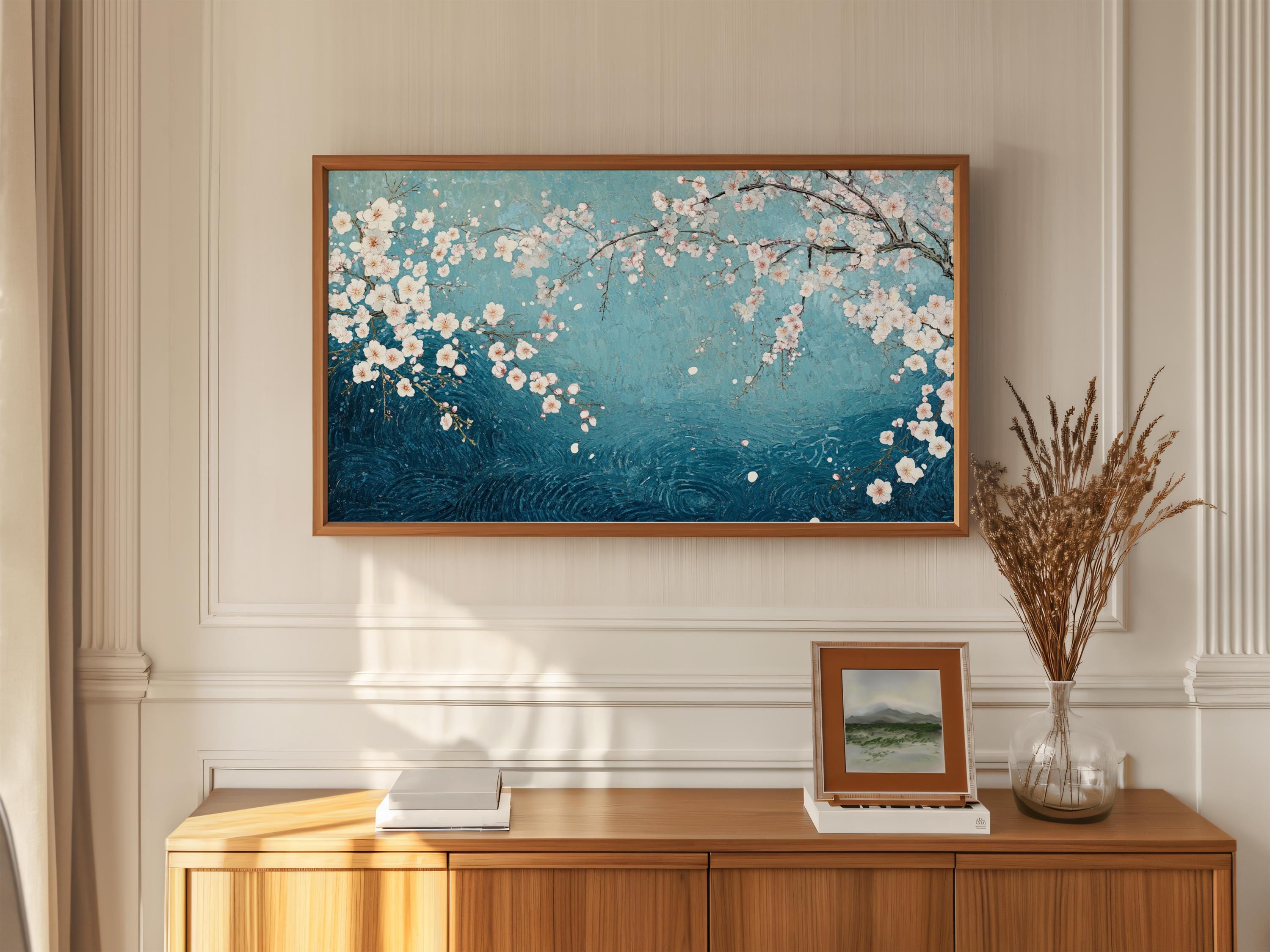 White Japanese Cherry Blossom TV Frame Art | Japandi Vintage Flowers ...