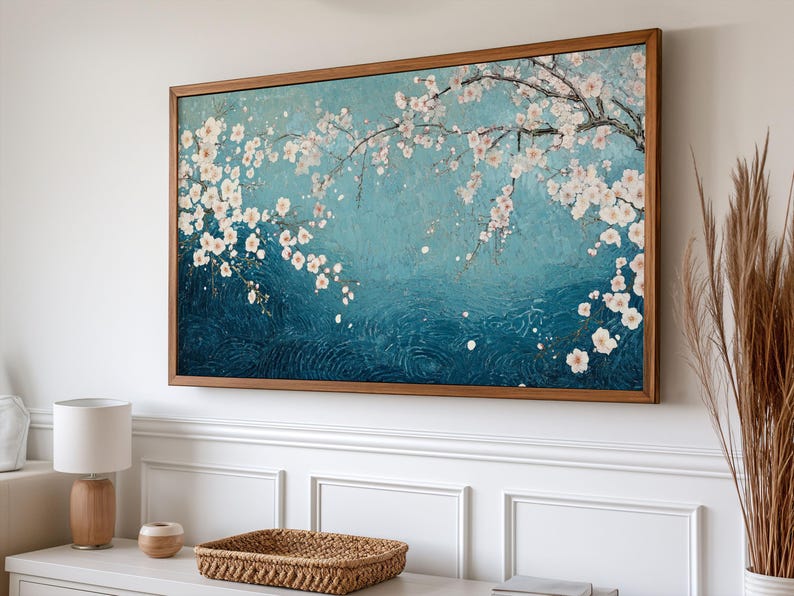 Cherry Blossom TV Frame Art: Japandi Floral Oil Painting (printable ...