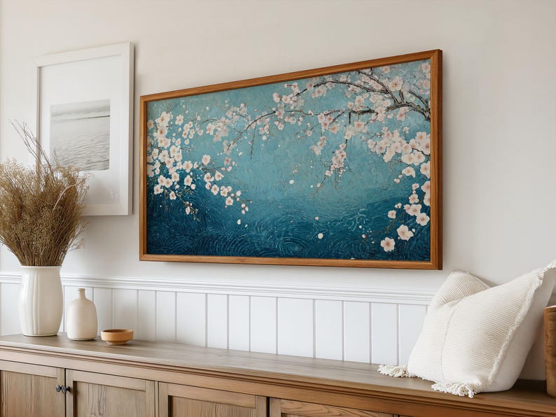 Cherry Blossom TV Frame Art: Japandi Floral Oil Painting (printable ...