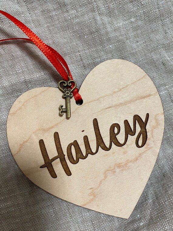 Wooden Heart Name Tag With Small Key // Engraved Heart Name | Etsy