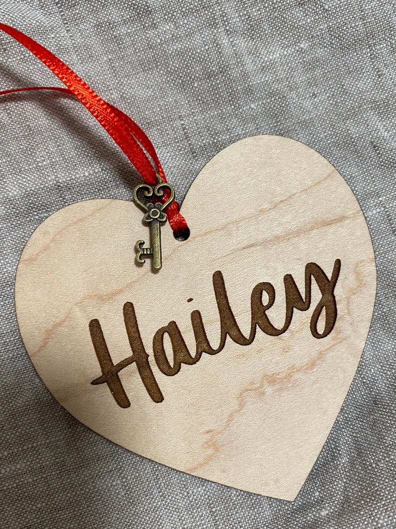 Wooden Heart Name Tag With Small Key // Engraved Heart Name Tag ...