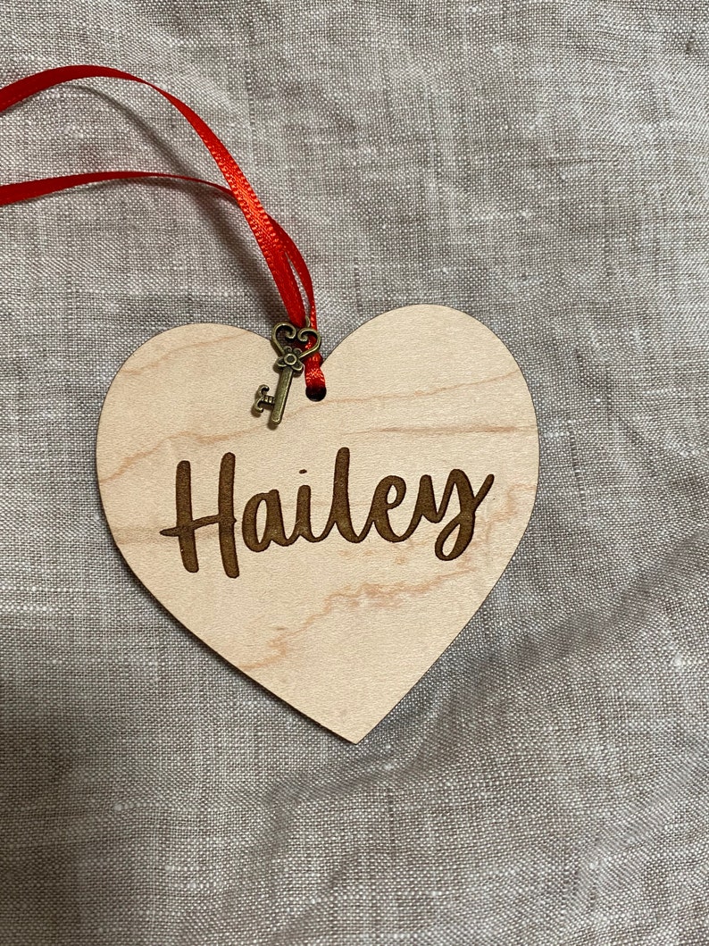 Wooden Heart Name Tag With Small Key // Engraved Heart Name - Etsy