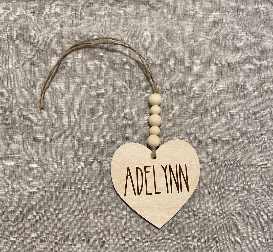 Wooden Heart Name Tag With Beads // Engraved Heart Name Tag ...