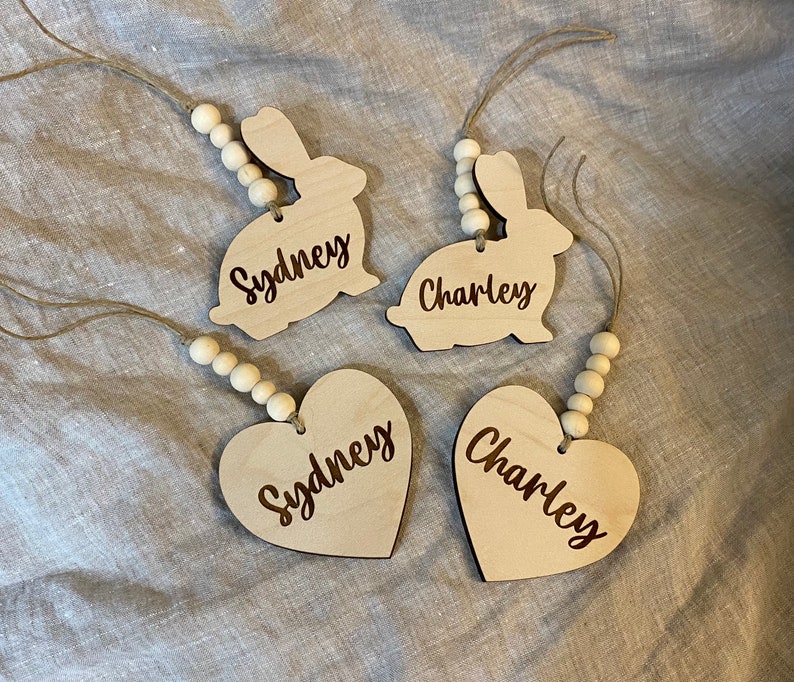 Wooden Heart Name Tag With Beads // Engraved Heart Name Tag // | Etsy