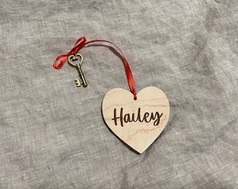 Wooden Heart Name Tag With Beads // Engraved Heart Name Tag // | Etsy