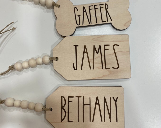 Wooden Name Tag With Beads // Engraved Name Tag // Christmas | Etsy