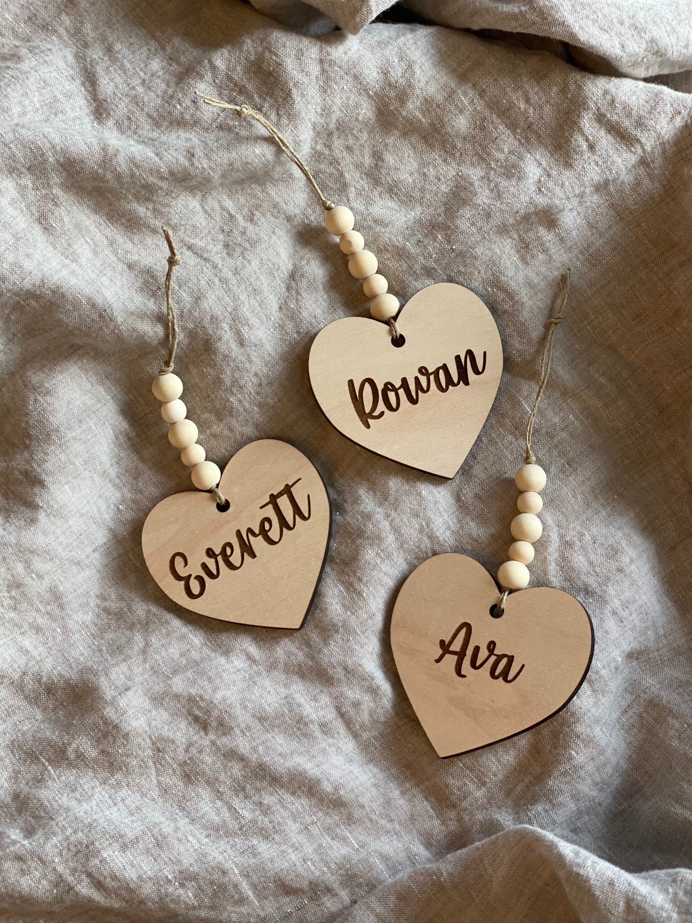 Wooden Heart Name Tag With Beads // Engraved Heart Name Tag // - Etsy