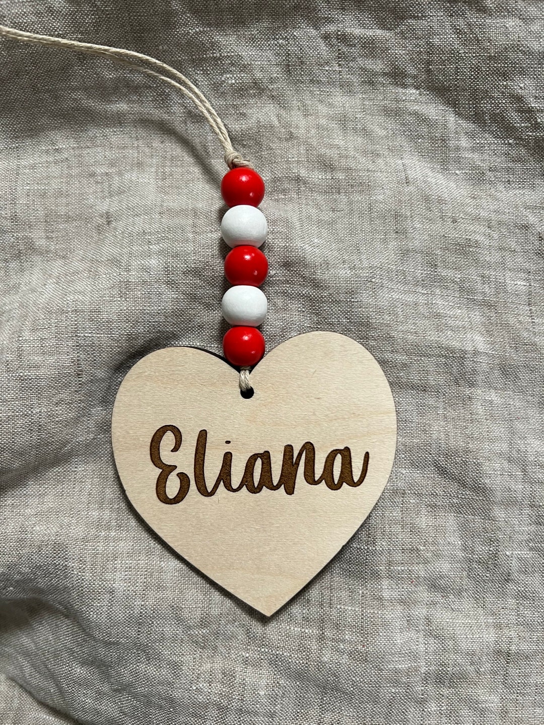 Wooden Heart Name Tag With Beads // Engraved Heart Name Tag ...