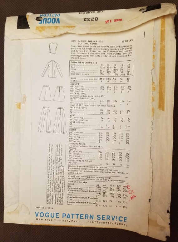 Size 12 Vogue 8232 Sewing Pattern Misses' Three-Piece Suit and Pants ...