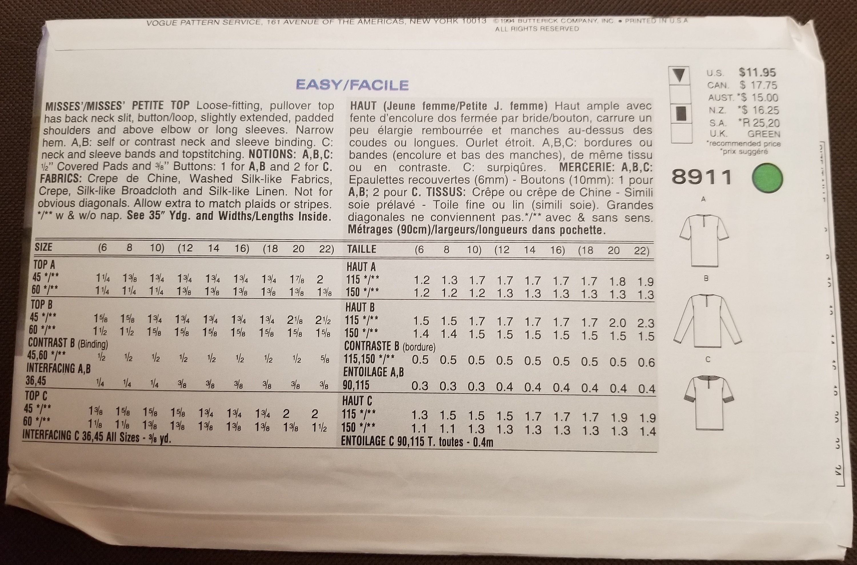 UNCUT Vogue 8911 the Vogue Woman Sewing Pattern, Size 12-14-16, Misses ...