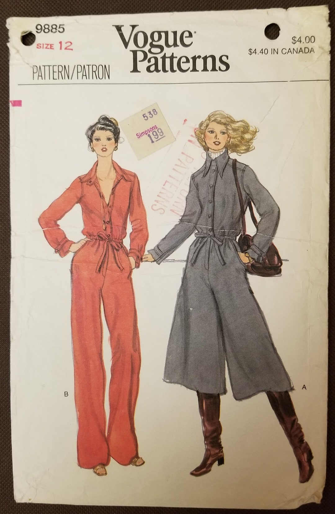 UNCUT Vogue 9885 Sewing Pattern, Size 12, Misses' Jumpsuit - Etsy