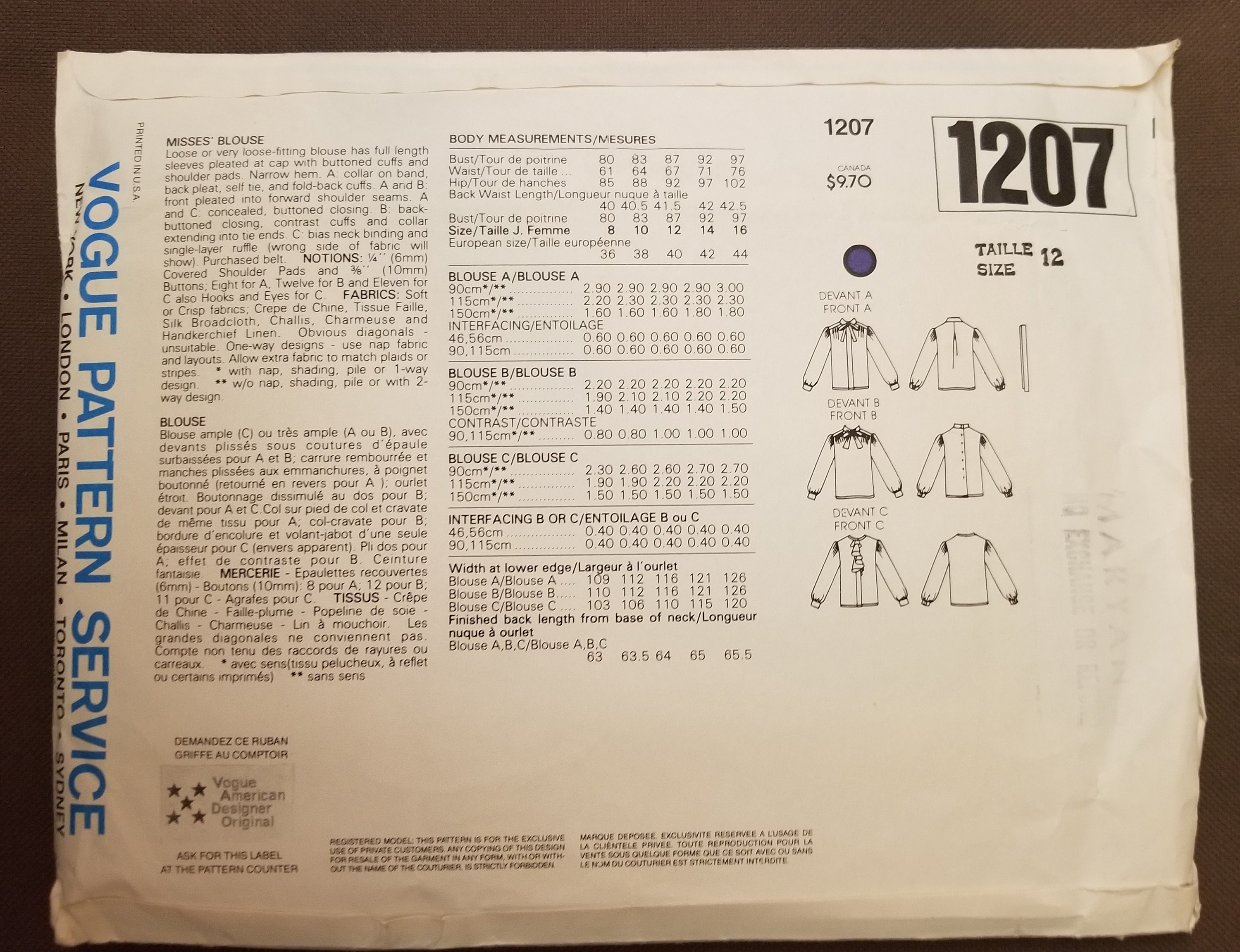 Vogue 1207 American Designer: Joseph Picone Sewing Pattern, Size 12 ...