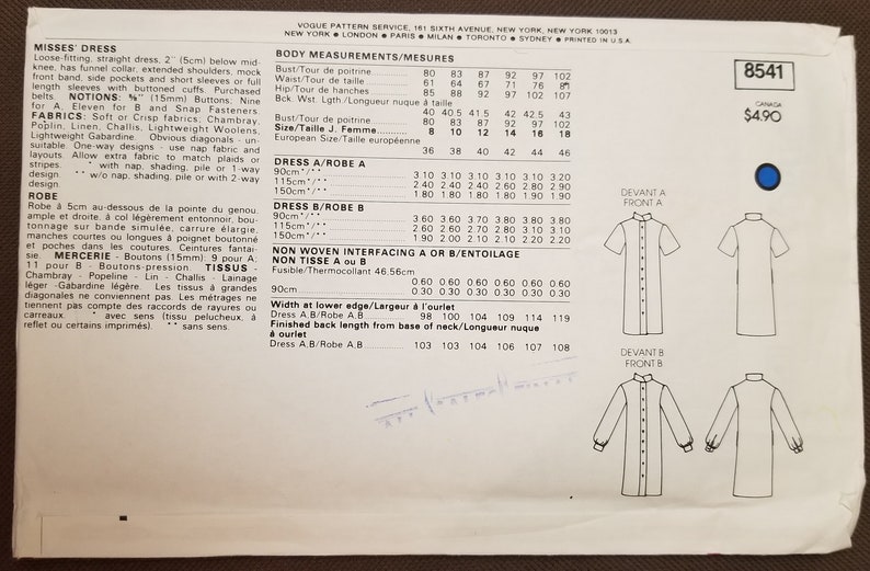 UNCUT Vogue 8541 very Easy Vogue Sewing Pattern - Etsy