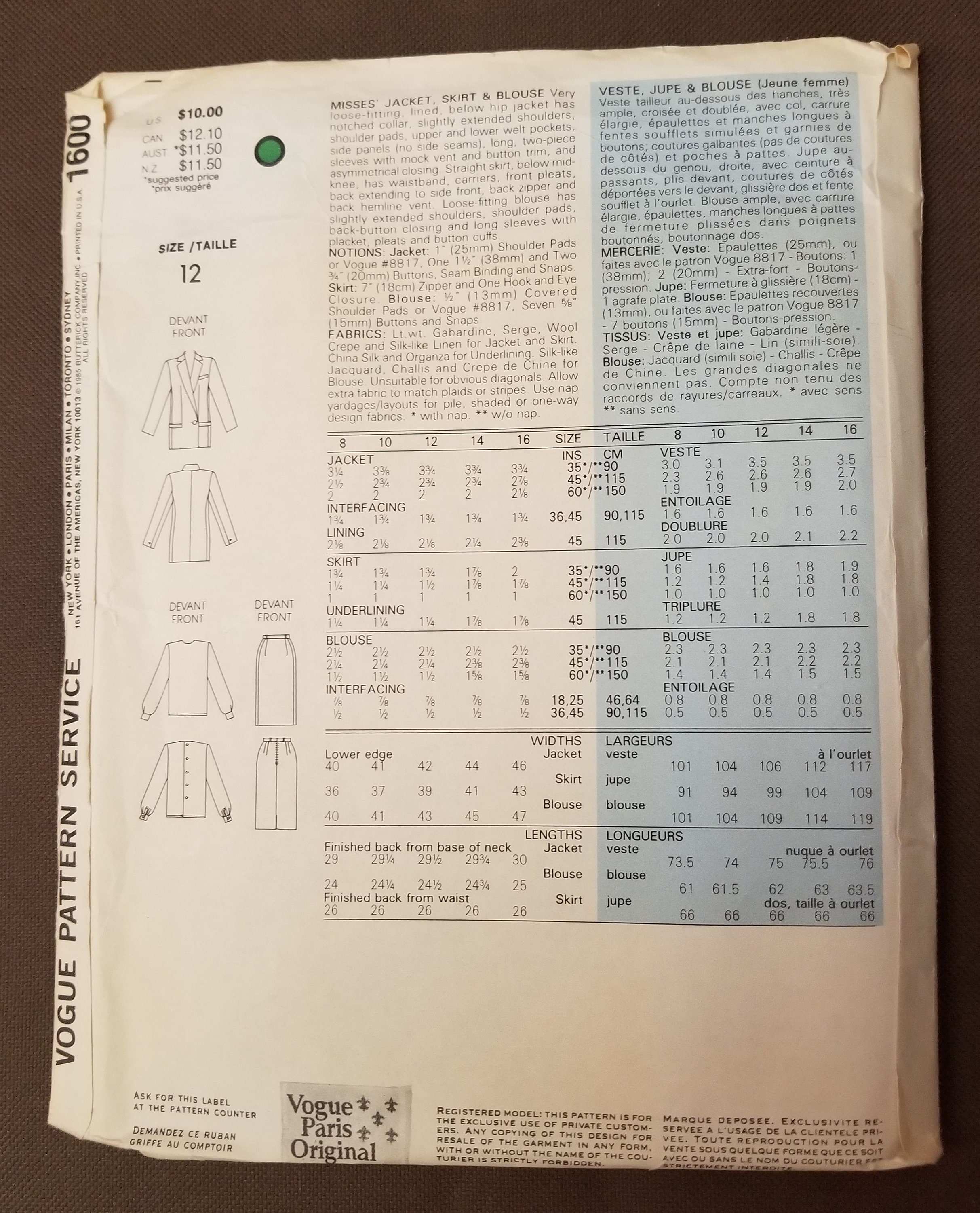 Vogue 1600 Paris Original: Christian Dior Sewing Pattern, Size 12 ...