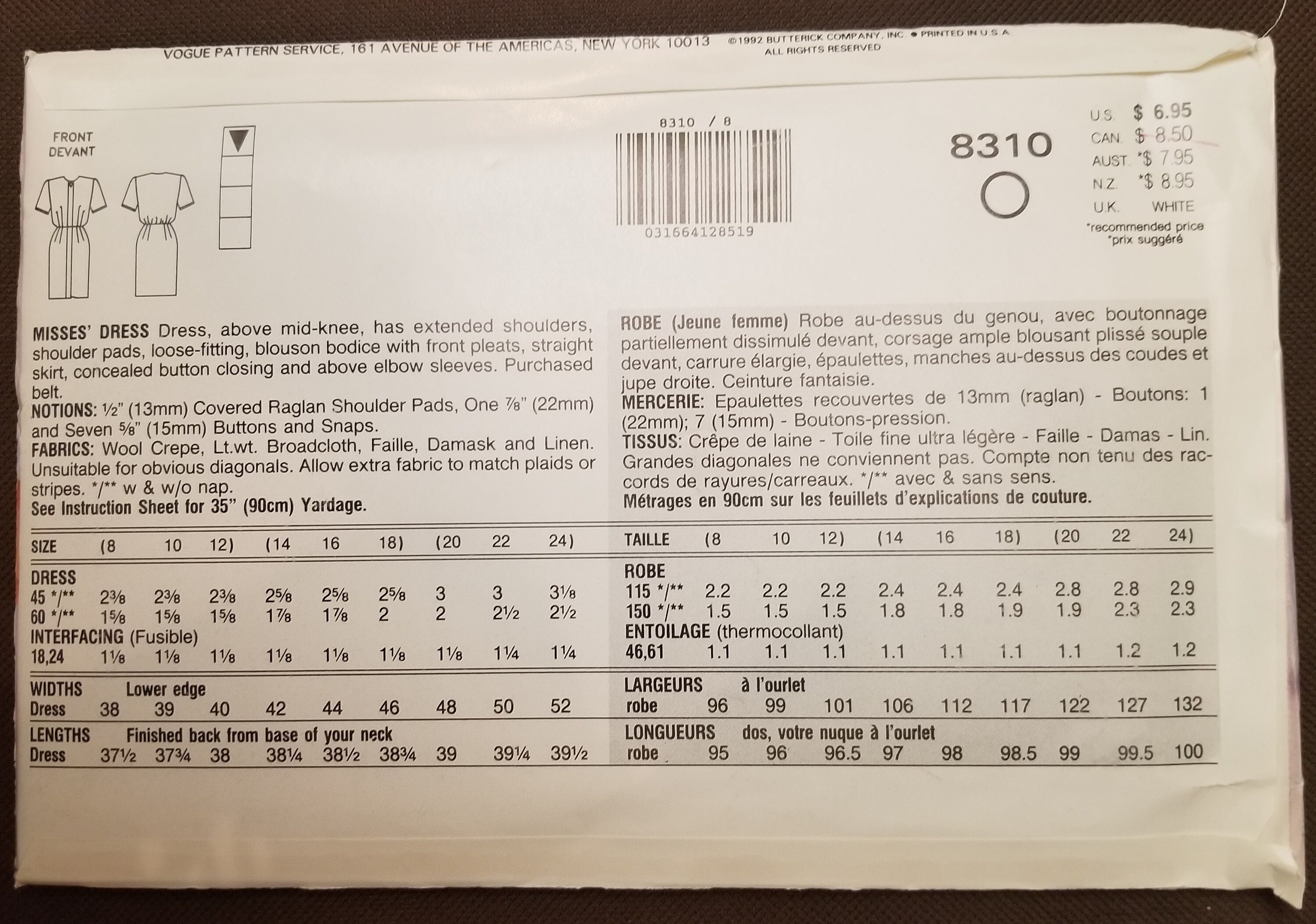 UNCUT Vogue 8310 ultra EZ by Vogue Sewing Pattern, Size 8-10-12, Misses ...