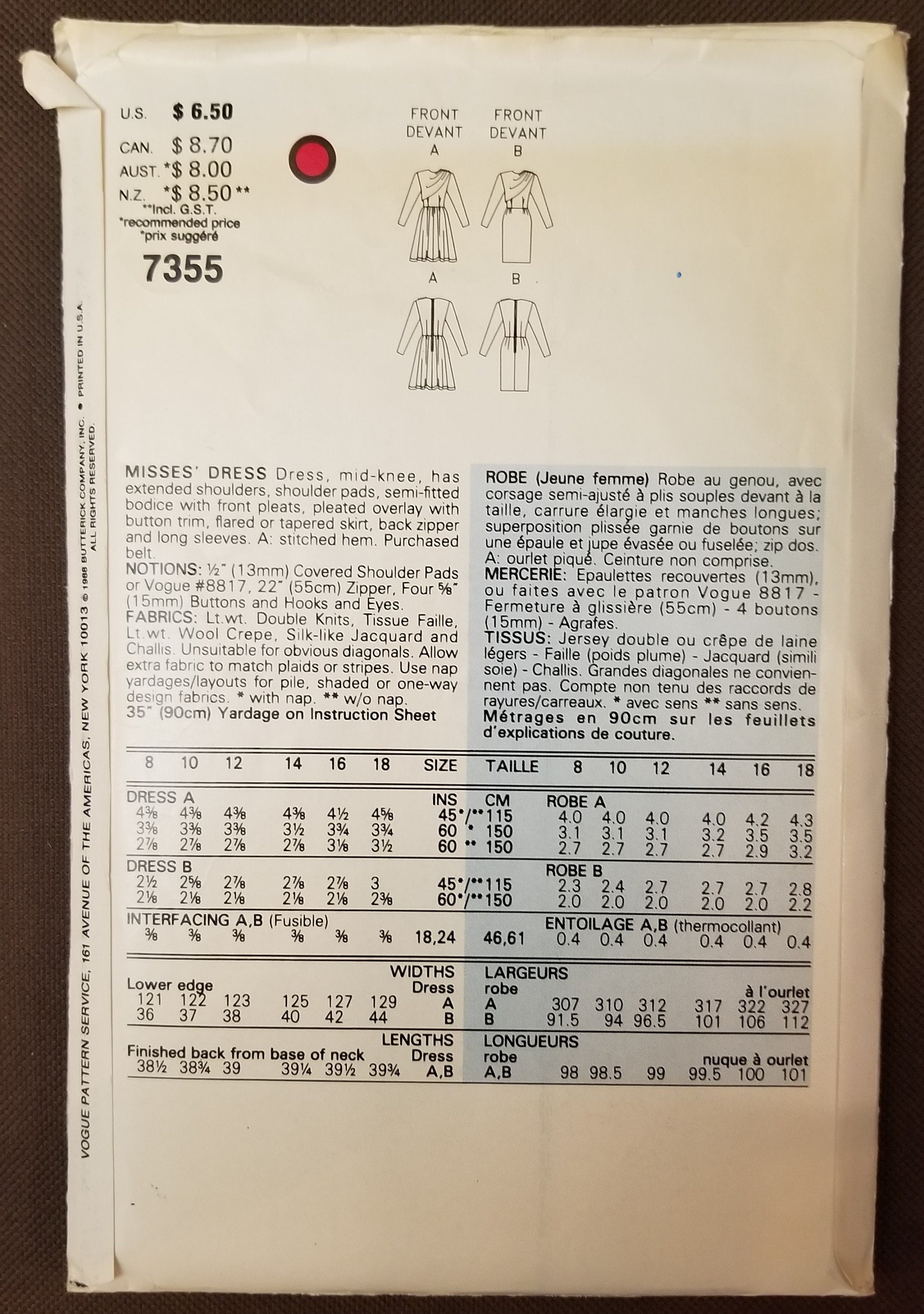 Vogue 7355 very Easy Very Vogue Sewing Pattern, Size 12, Misses' Dress ...