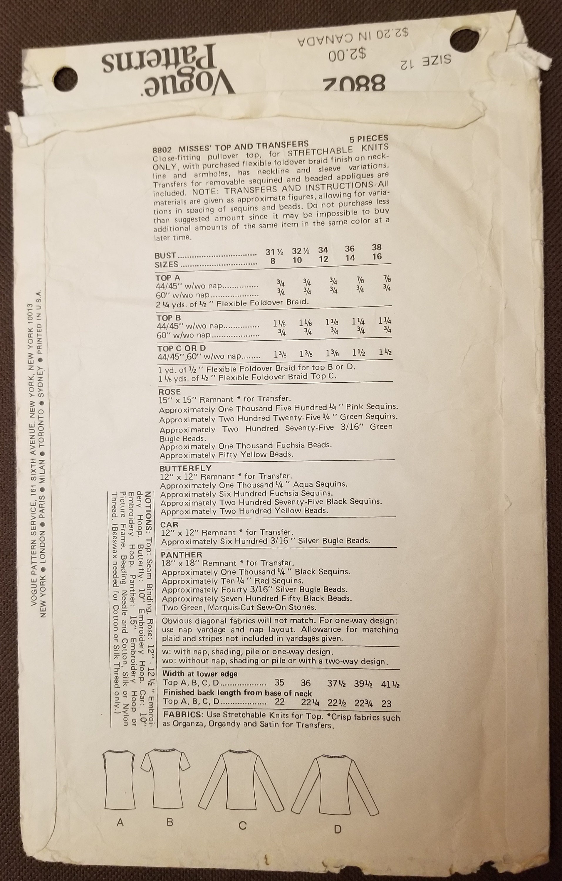 Vogue 8802 Sewing Pattern With Transfers Size 12 Misses' - Etsy