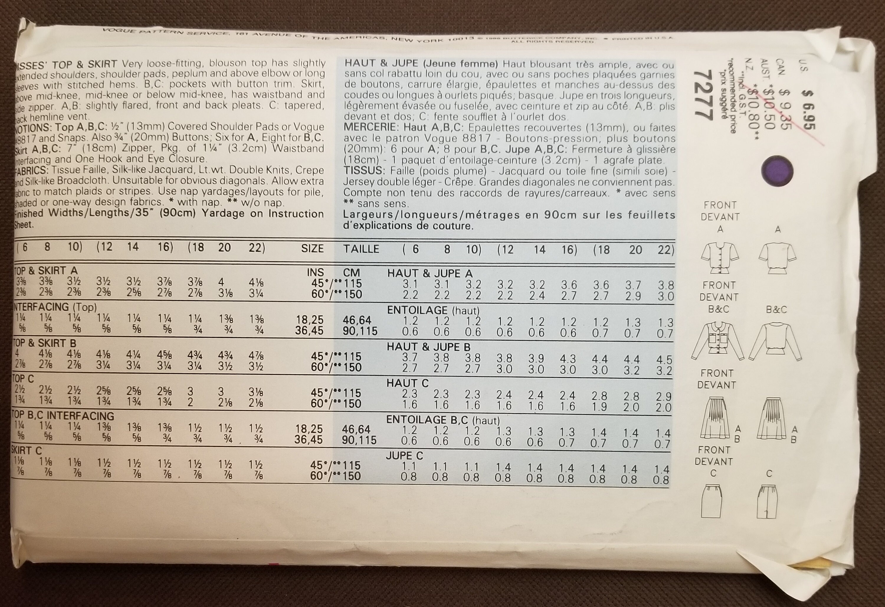 Vogue 7277 Sewing Pattern Size 12-14-16 Misses' Top and - Etsy