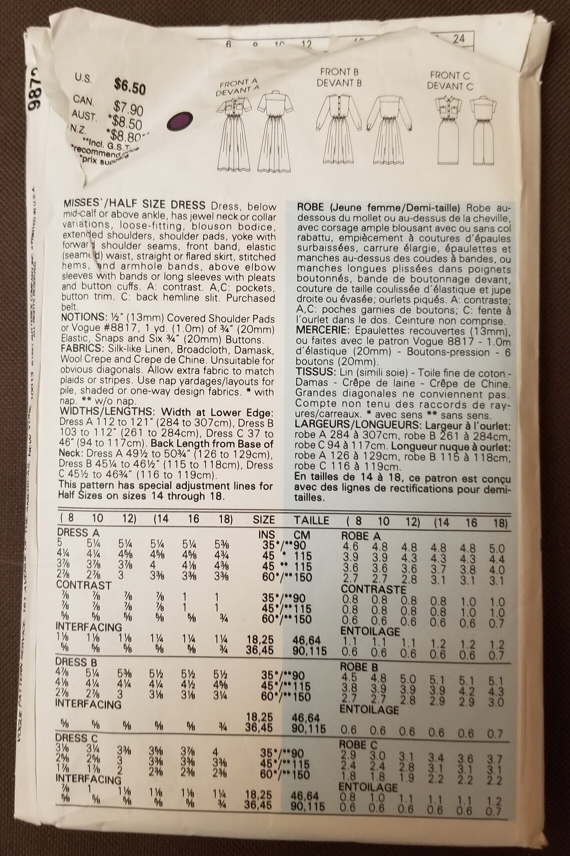 Vogue 9872 Sewing Pattern Size 8-10-12 Misses' / Half - Etsy