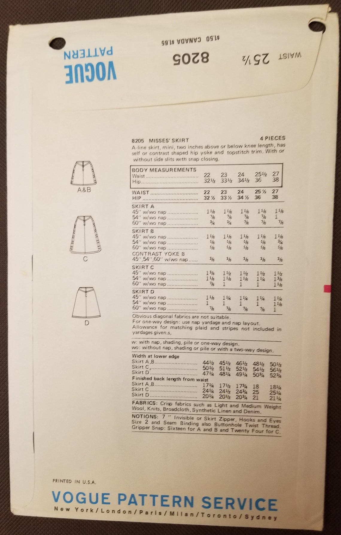 Vogue 8205 miss Vogue Sewing Pattern, Size Waist 25 1/2, Hip 36, Misses ...
