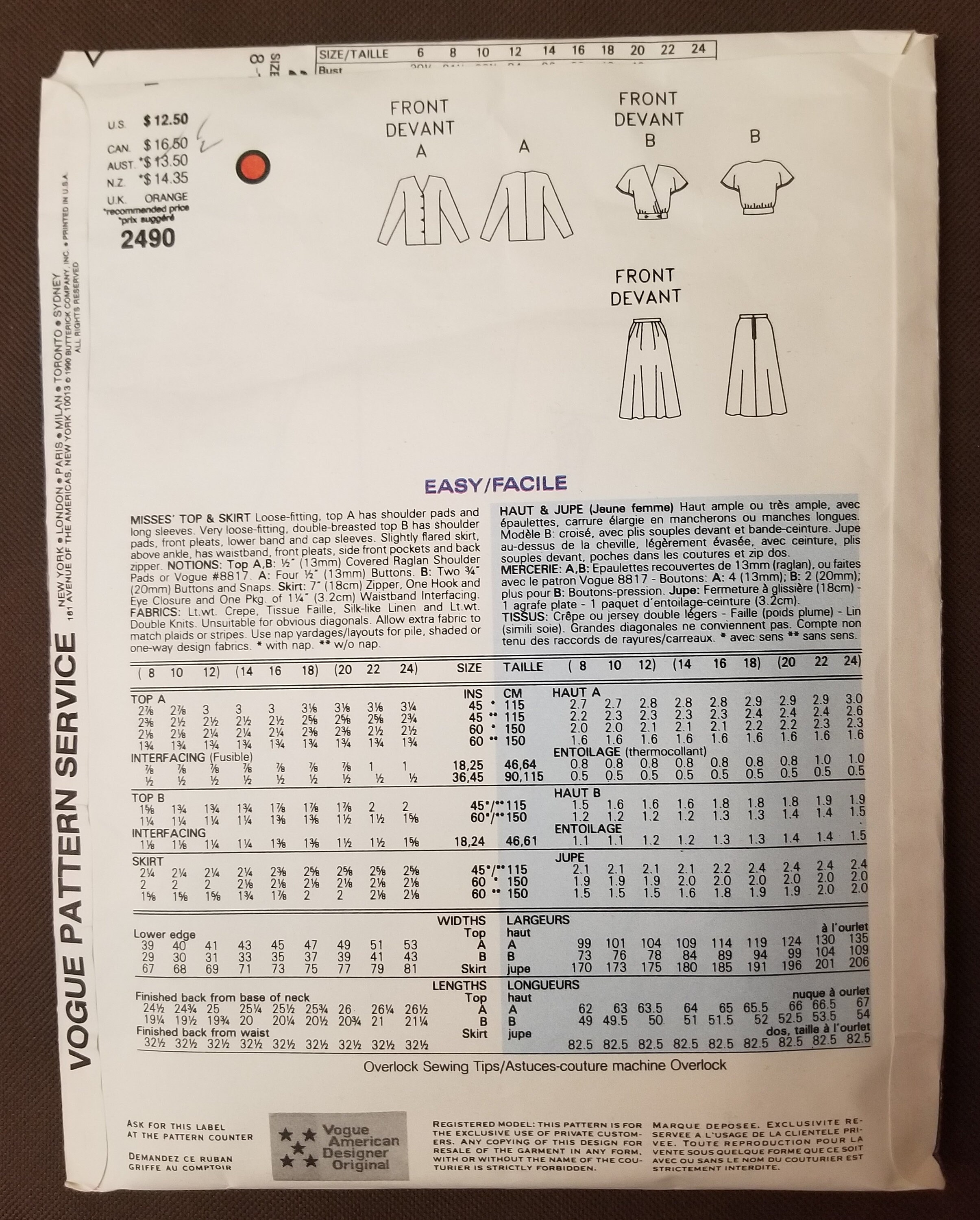 Vogue 2490 Career: Tamotsu Sewing Pattern, Size 8-10-12, Misses' Top ...