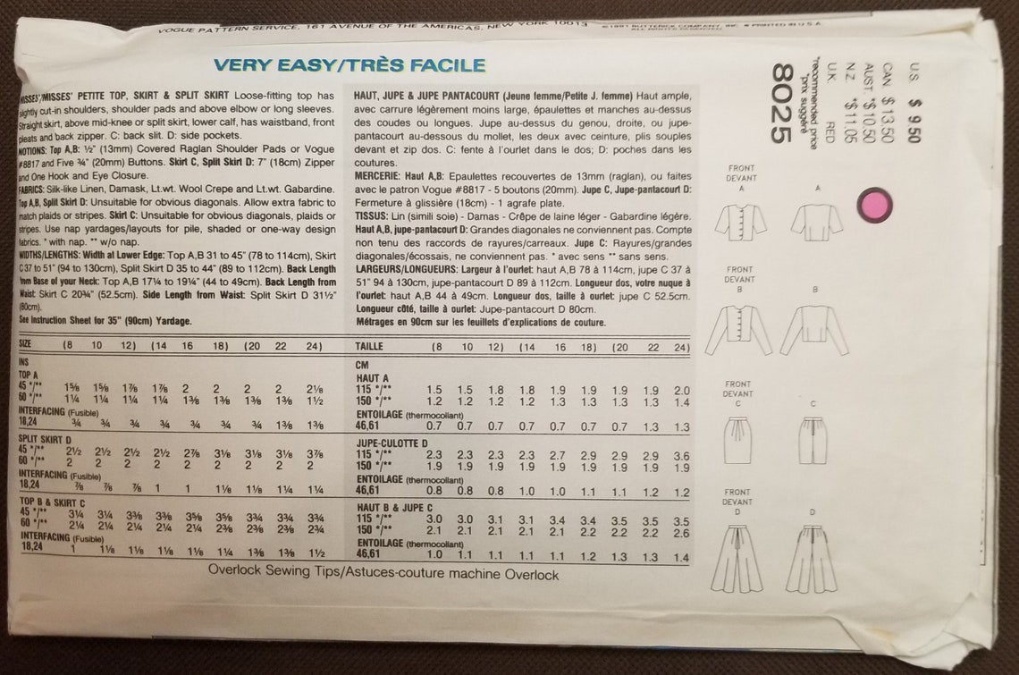Vogue 8025 Very Easy Very Vogue Career Modèle de couture, Taille 8-10 ...